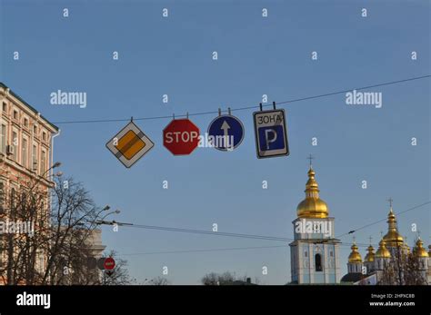 Modern Traffic Signs In One Of Kyivs Central Squares With St Michaels