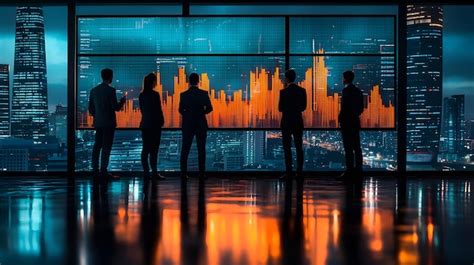 Group Of Executives Examining Benchmarking Reports Set Against A Backdrop Of A Blurred Stock