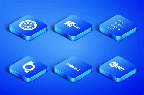 리모컨 휠 쇼크 흡수장치 자동차 터보차저 엔진 피스톤 및 기어 시프터 아이콘으로 자동차 키를 설정합니다 벡터 3차원 형태에 대한 스톡 벡터 아트 및 기타 이미지 Istock