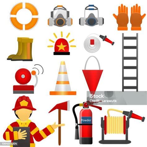 소방 관 그림 소방 장비 소방 호스 소화 전 및 소화기 그림 세트 헬멧 흰색 배경에 고립 된 소방 관 제복의 구조에 대한 스톡 벡터 아트 및 기타 이미지 Istock
