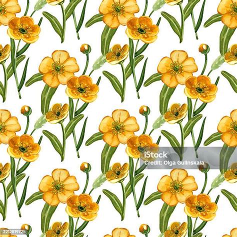 완벽 한 수채화 패턴입니다 노란 미나리아재비 새싹 꽃다발에 모인 녹색 잎 모든 물체는 수채화로 손으로 그려집니다 직물 종이