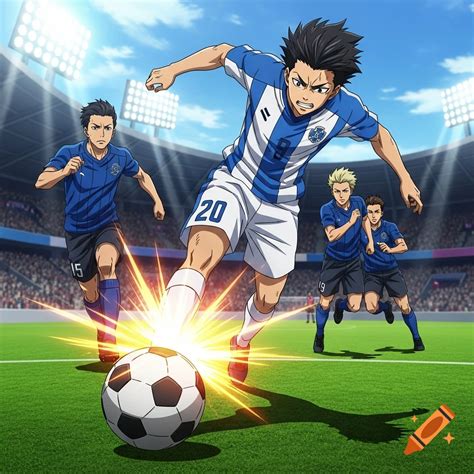 An Anime Style Image Of A Soccer Player In A Blue And White Striped