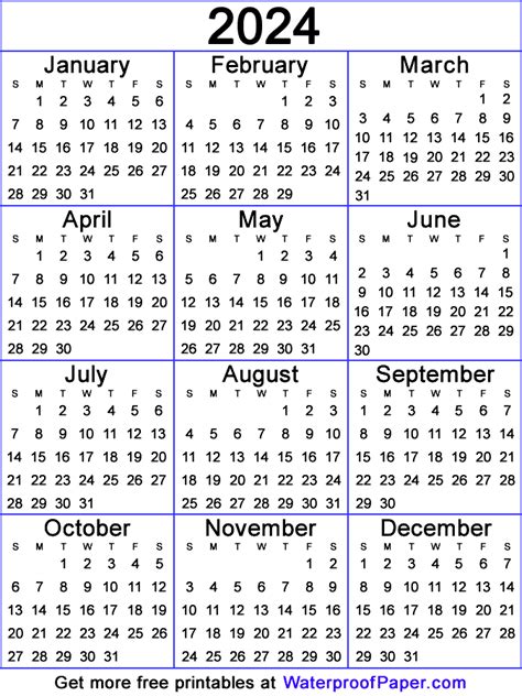 Free Printable One Page Yearly Calendar