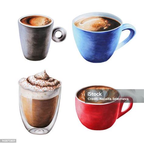 도자기 컵에 커피의 수채화 세트입니다 손으로 그림을 그리는 에스프레소 아메리카노 라떼 라프 커피를 가져가고 흰색 고립된 배경에 모카를 가져갑니다 디자이너 메뉴 상점 바