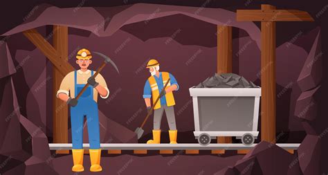 Premium Vector Miners In Coal Cave Mine Worker Digging Tunnel Rail Trolley With Ore And Miner