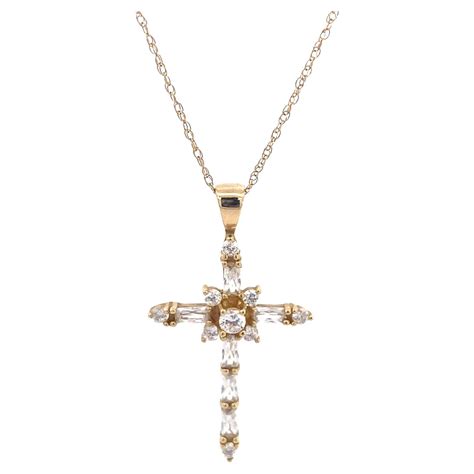 205 10k Yellow Gold Round White Stone Cross Necklace 216g For Sale