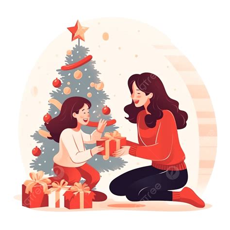 크리스마스 트리 근처에서 즐거운 시간을 보내는 딸 부모와 어린 아이와 선물을 교환하는 어머니 크리스마스 가족 어머니 선물 행복한 집 Png 일러스트 및 이미지 에 대한