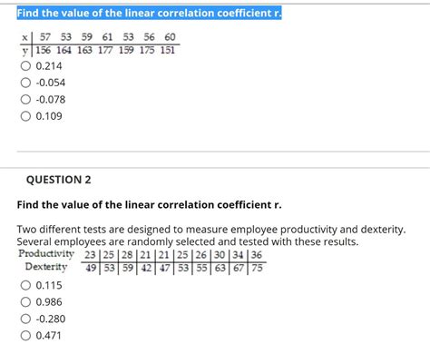 Solved Find The Value Of The Linear Correlation Coefficient