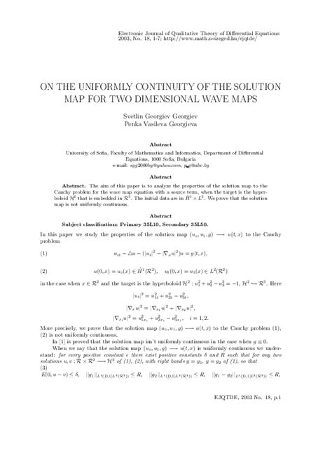 Pdf On The Uniformly Continuity Of The Solution Map For Two Dimensional Wave Maps Svetlin