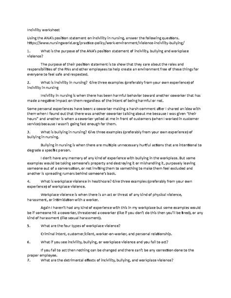 Kgrenawalt Incivility 071522 Incivility Worksheet Using The Anas Position Statement On