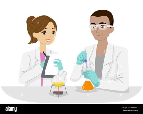 Illustration Of Teenage Girl And Guy Wearing White Laboratory Gown And Gloves Conducting An