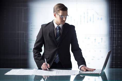 Premium Photo A Man In A Suit Is Standing In Front Of A Computer Screen That Says Financial Data