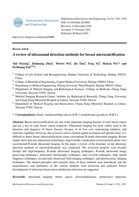 Pdf A Review Of Ultrasound Detection Methods For Breast Microcalcification