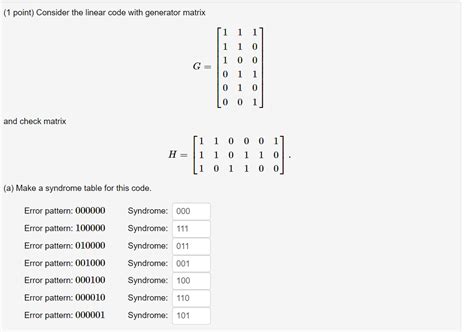 Solved 1 Point Consider The Linear Code With Generator