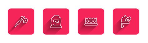 세트 라인 나무 도끼 마법 룬 왕관 긴 그림자가 있는 바이킹 뿔 투구 빨간색 사각형 버튼입니다 벡터 고대의에 대한 스톡 벡터 아트 및 기타 이미지 Istock