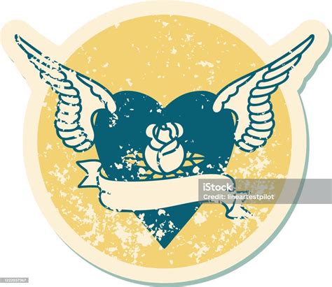 날개 장미와 배너와 마음의 고민 스티커 문신 스타일 아이콘 그런지 이미지 기법에 대한 스톡 벡터 아트 및 기타 이미지 그런지 이미지 기법 그림 이야기 꽃 식물