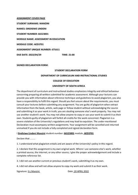 AED Number ASSIGNMENT ASSIGNMENT COVER PAGE STUDENT SURNAME MANZINI NAMES SINDISIWE