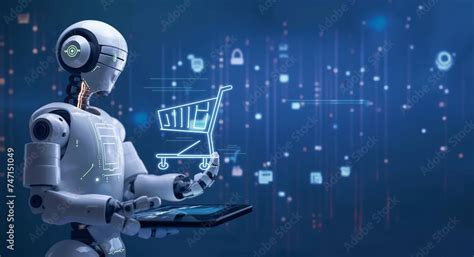 Robot Holds The Tablet And Virtual Shopping Cart Future Of Shopping