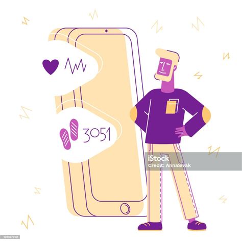 스마트 폰 응용 프로그램을 사용하여 단계를 계산하는 남자 건강한 라이프 스타일의 디지털 기술 트레이닝 바디 운동 및 일일 활동 만화 플랫 벡터 일러스트레이션 라인 아트를위한
