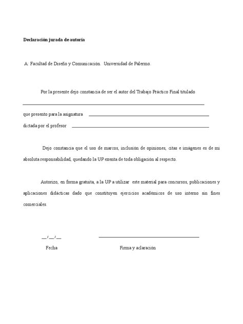 Declaración Jurada De Autoría Pdf