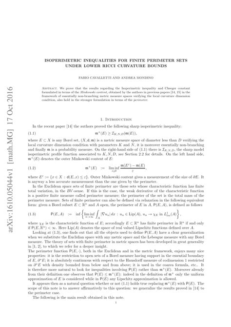 Pdf Isoperimetric Inequalities For Finite Perimeter Sets Under Lower Ricci Curvature Bounds