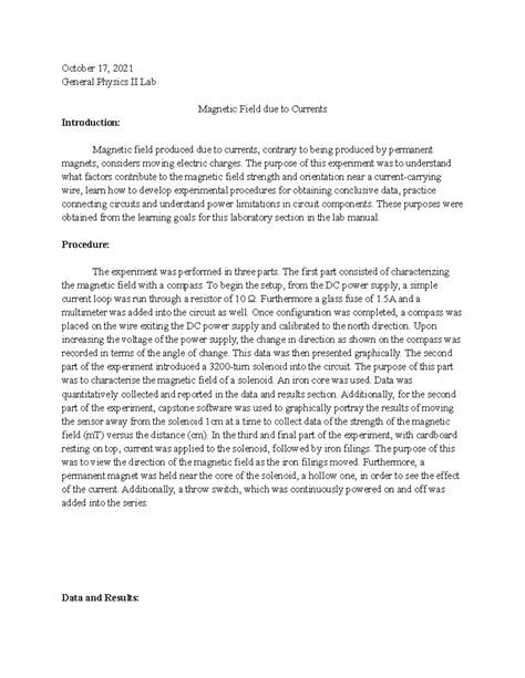 Lab 6 Physics 2 October 17 2021 General Physics II Lab Magnetic Field Due To Currents Studocu