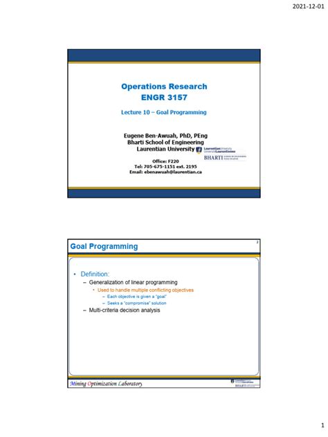 Engr 3157 Operations Research Lecture 10 Goalprogramming Pdf Linear