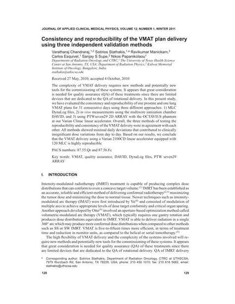 Pdf Consistency And Reproducibility Of The Vmat Plan Delivery Using Three Independent