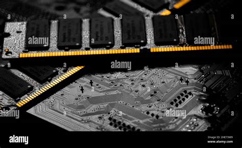 macro close up of computer ram chip random access memory chip slot for