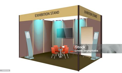 테이블 및의 자 정보 보드와 전시 스탠드 디스플레이 디자인 기업 정체성에 대 한 상업용 전시 부스 템플릿입니다 벡터 일러스트입니다 부스에 대한 스톡 벡터 아트 및 기타