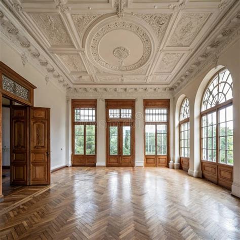 An Empty Hall With Sapele Wood Double Doors With Windows In Front And Oak Parquet Slatted