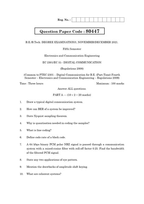 Anna University EC 2301 EC 51 DIGITAL COMMUNICATION For ECE November December 2021 University