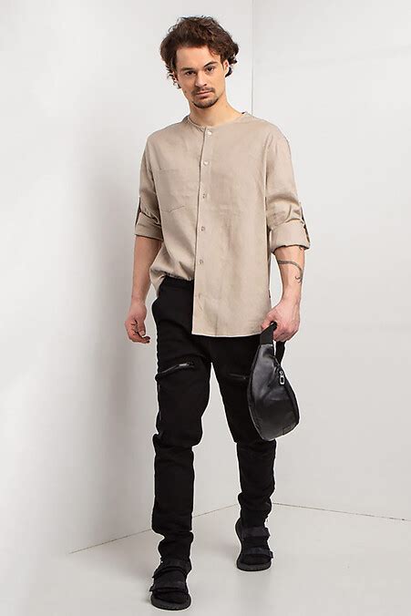 Льняная рубашка кофейного цвета без воротника с нагрудным карманом Gen 8000063 купить по цене