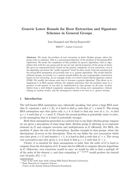 Pdf Generic Lower Bounds For Root Extraction And Signature Schemes In