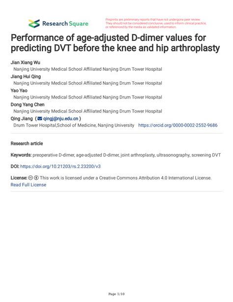 Pdf Performance Of Age Adjusted D Dimer Values For Predicting Dvt