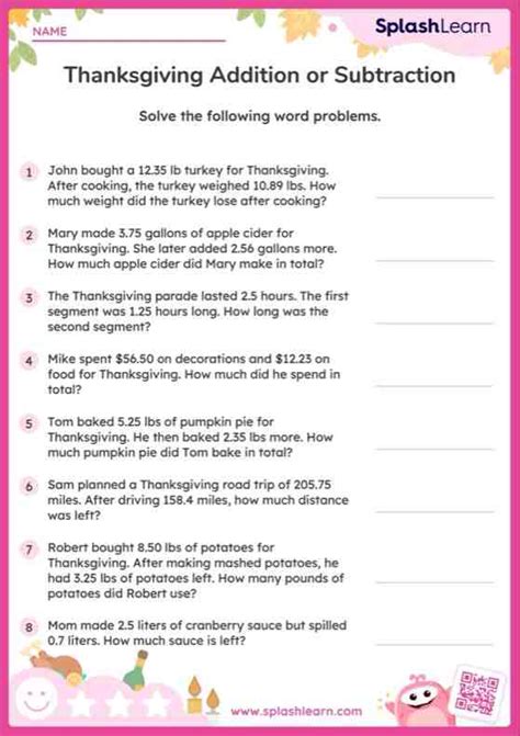 Add Or Subtract Decimal Numbers With Upto 2 Decimal Place Thanksgiving
