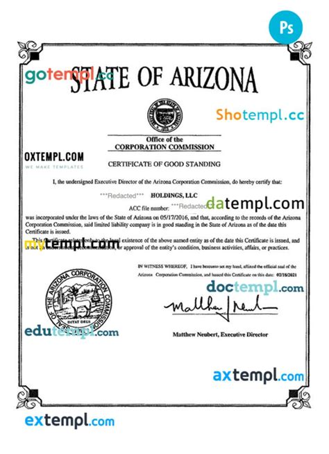 Usa Arizona Certificate Of Good Standing Psd Template Datempl Ready