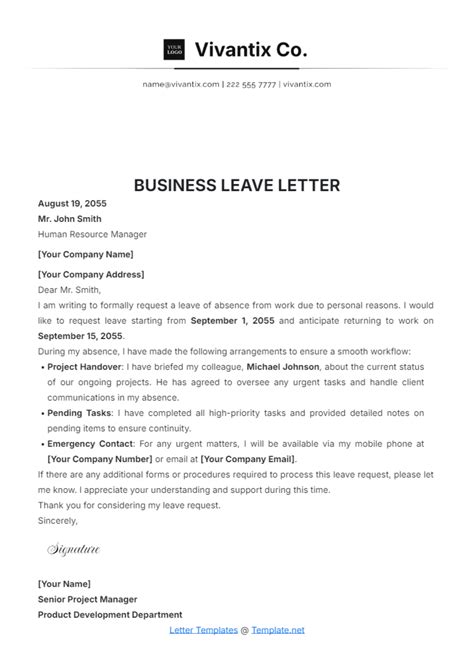 Free Business Leave Letter Template To Edit Online