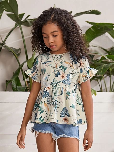 Shein Tween Girls Tropical Print Flounce Sleeve Peplum Blouse Shein Usa