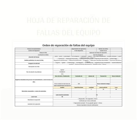 Plantilla de Formato Excel Hoja De Reparación De Fallas Del Equipo y Hoja de Cálculo de Google