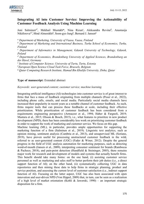 Pdf Integrating Ai Into Customer Service Improving The Actionability Of Customer Feedback