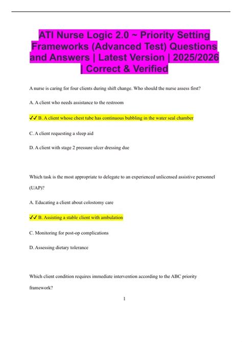 Ati Nurse Logic 20 ~ Priority Setting Frameworks Advanced Test