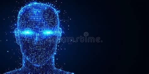 Glowing Blue Digital Human Head With Binary Code On Dark Background Ai And Technology Concept