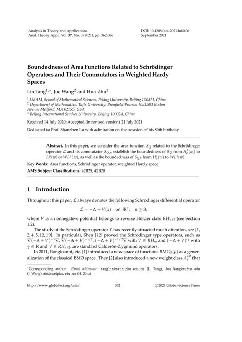 Global Science Press Boundedness Of Area Functions Related To Schrödinger Operators And Their
