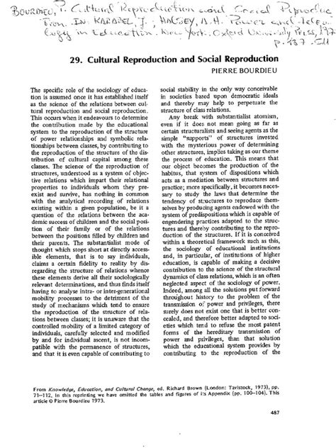 1973 1977 Bourdieu P Cultural Reproduction And Social Reprodution Pdf