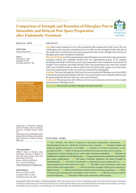Pdf Comparison Of Strength And Retention Of Fiberglass Post In Immediate And Delayed Post