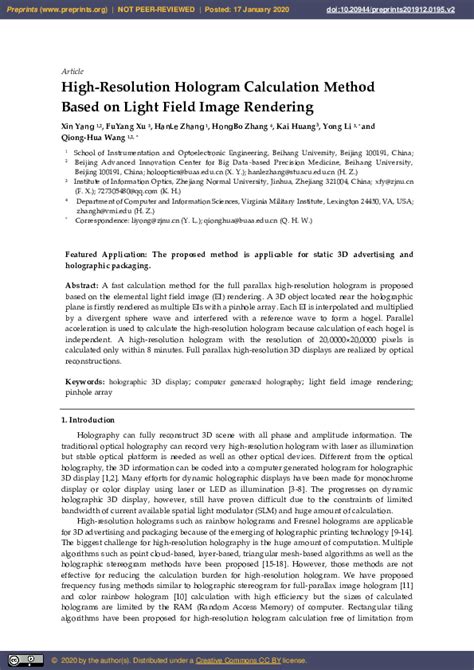 Pdf High Resolution Hologram Calculation Method Based On Light Field