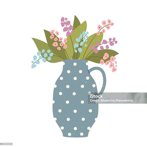 흰색 물방울 무늬와 흰색 배경에 야생화의 꽃다발과 빈티지 블루 주전자의 고립 된 평면 벡터 그림 코티지코어 라이프스타일 홈