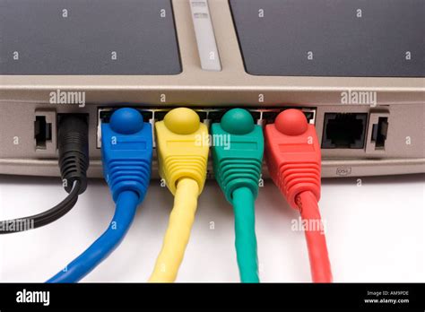 Ethernet Cables Plugged Into Router Against White Background Stock Photo Alamy