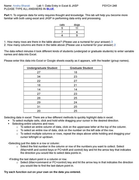 Lab 1 Worksheet Lab Work Name Anshu Bharati Lab 1 Data Entry In Excel JASP PSYCH 248